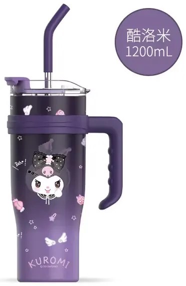 Dětský termohrnek - Hello Kitty, Kuromi, Cinnamoroll, Melody, nerezová ocel s brčkem (1200 ml) Barva: fialová (Kuromi)