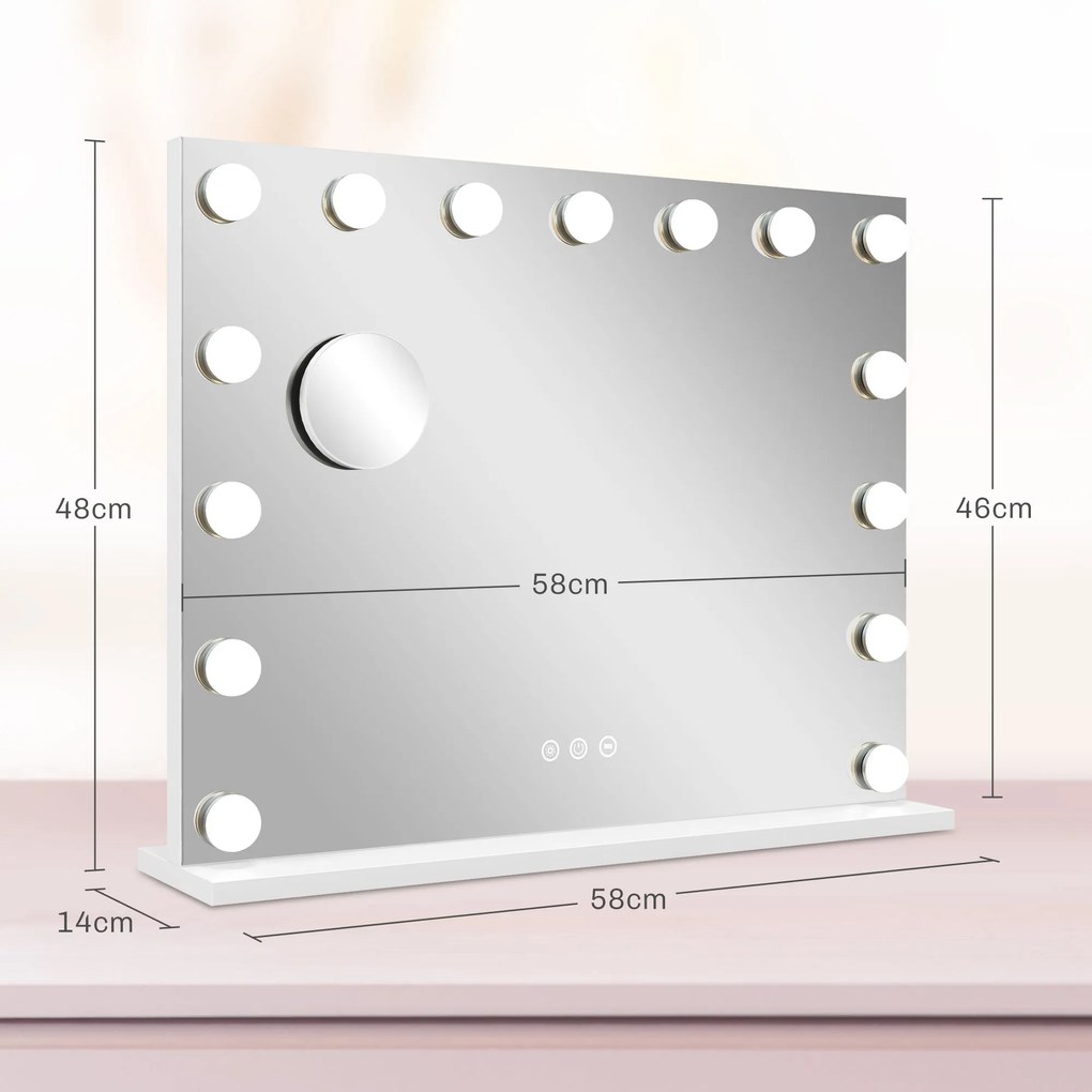 HOMCOM Hollywoodské zrcadlo s osvětlením 58x48cm 15 LED 3 světelné režimy 10x zvětšení přenosný dotykový spínač USB nabíjecí port bílý |