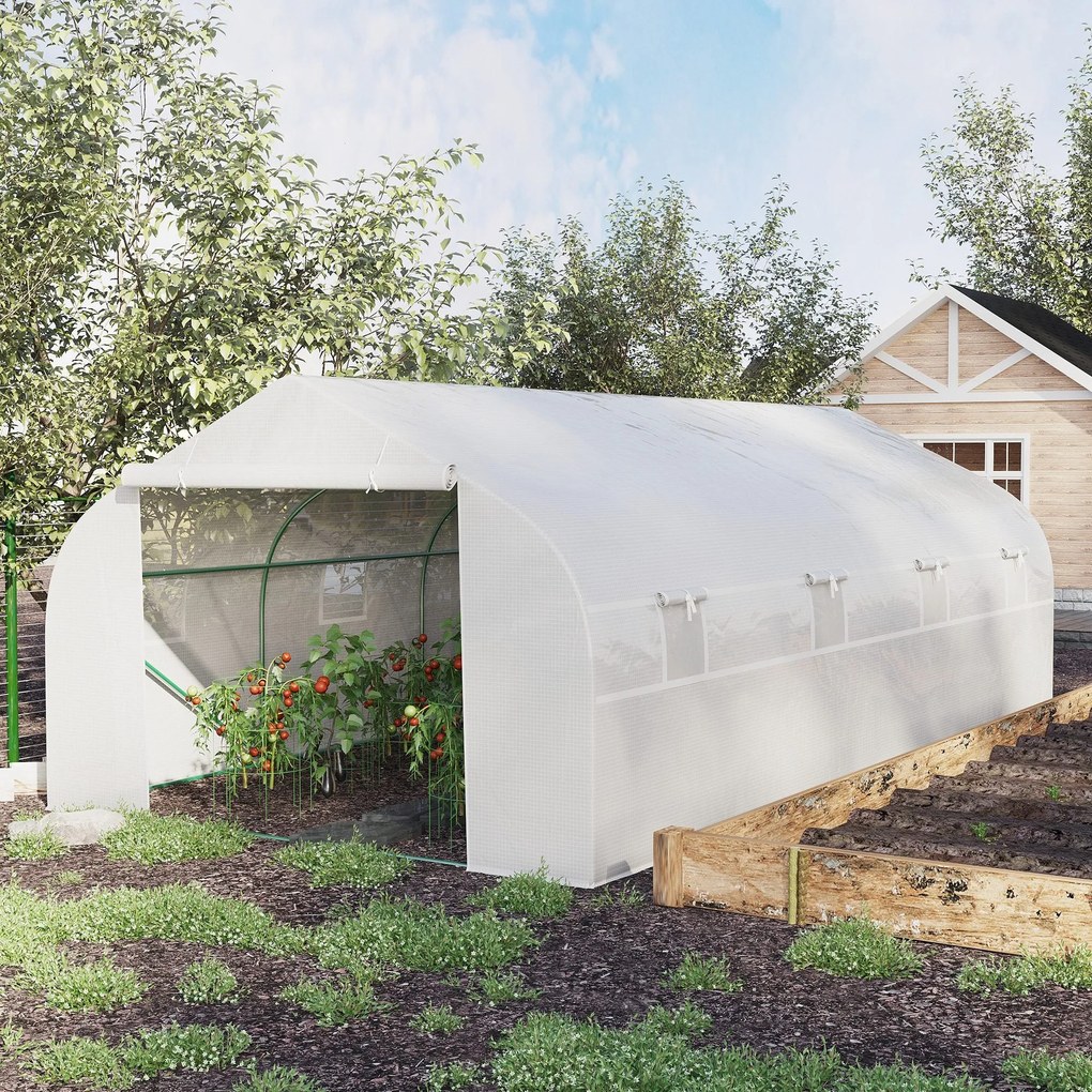 Zahradní skleník Outsunny 6x3x2 m tunelového typu pro pěstování zeleniny se 8 ventilovanými okny a roll-up zipovým vchodem - ocelový bílý