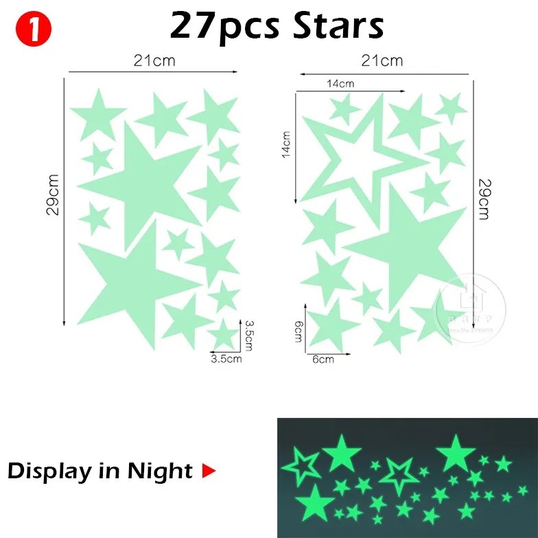 Samolepky na zeď - svítící zelené nebo modré hvězdy a měsíc Varianta: 1 - 27ks zelené hvězdy