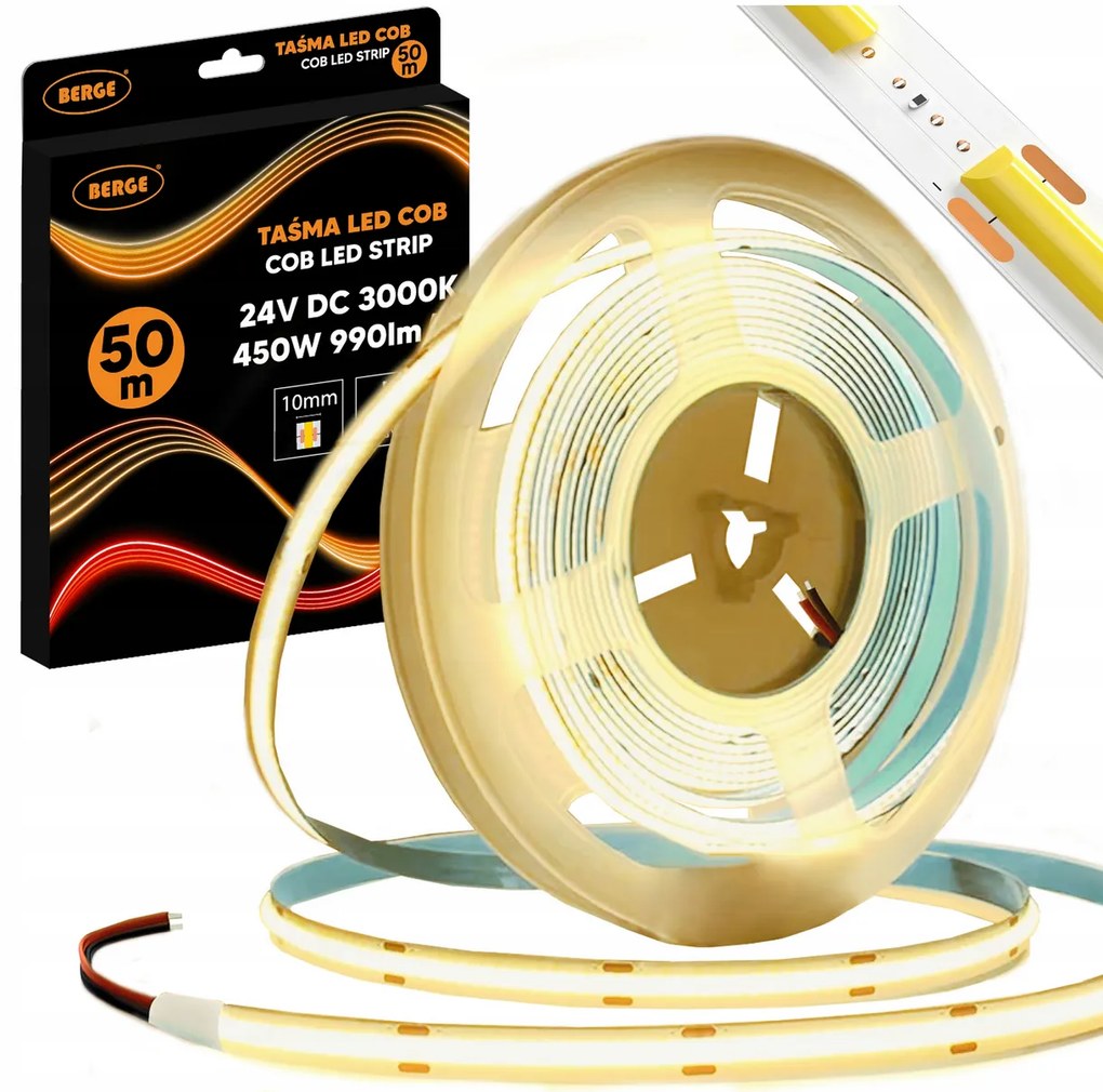 BERGE LED pásek COB Neon 24V - 480D - 9W/m - IP20 - 50m - 990lm - teplá barva