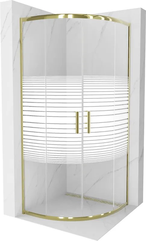 Mexen Rio, čtvrtkruhový sprchový kout 90(dveře)x90(dveře)x190 cm, 5mm čiré sklo s pásky, zlatý profil, 863-090-090-50-20