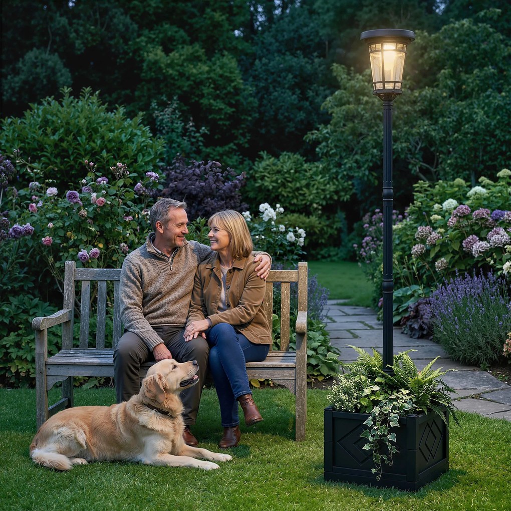 Solární lucerna stojací lampa s květináčem 195cm venkovní zahradní lucerna s 2 úrovněmi jasu spínač ovládání světla IP44