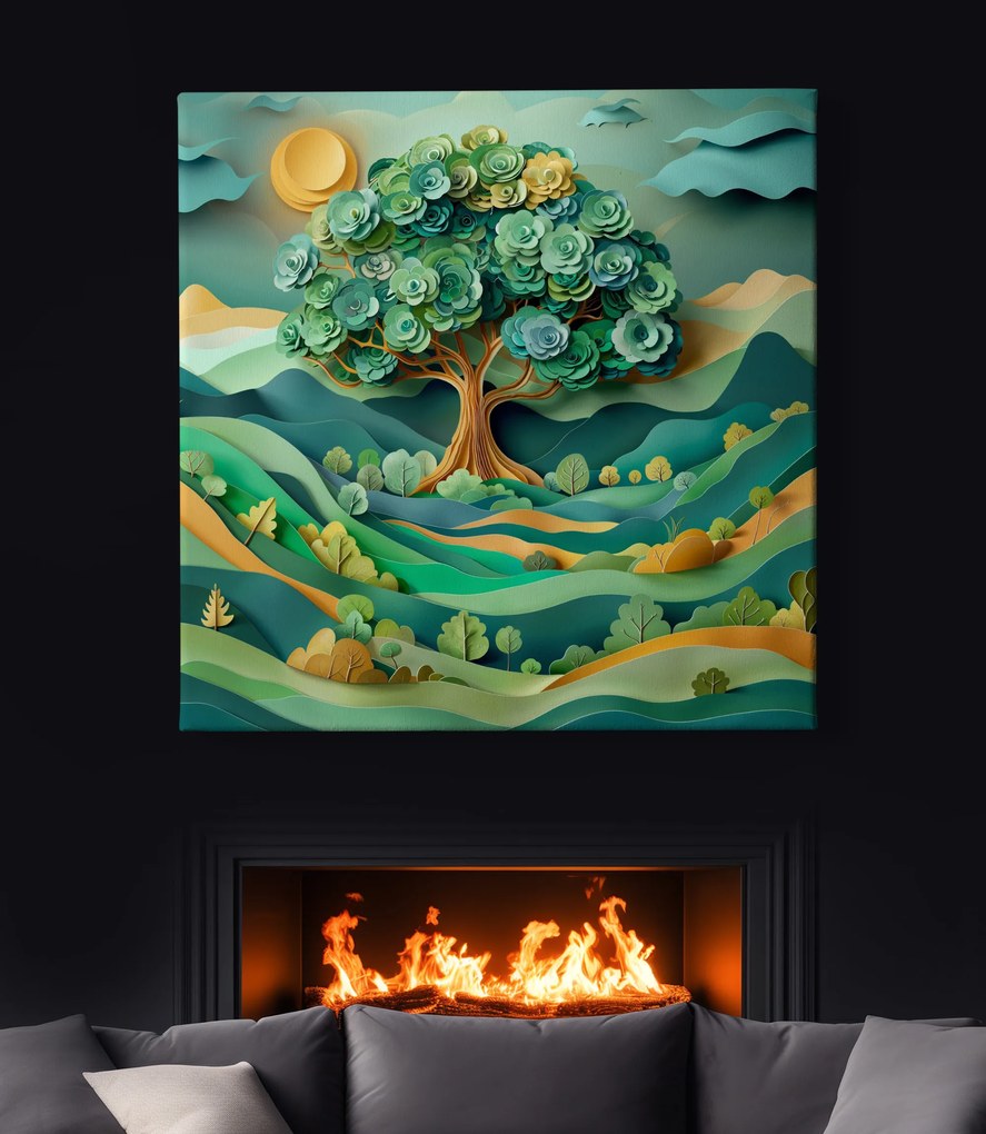 Obraz na plátně - Strom života Papírová krajina FeelHappy.cz Velikost obrazu: 140 x 140 cm