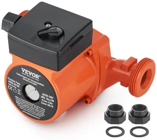 Oběhové čerpadlo teplé vody VEVOR LPS25-4S-180, 220 V, 72 W 50 l/min, oběhové čerpadlo teplé vody, 38 mm (1,5") závit NPT, 3stupňové oběhové čerpadlo, tichý provoz, oběhové čerpadlo pro domácí ohřev vody