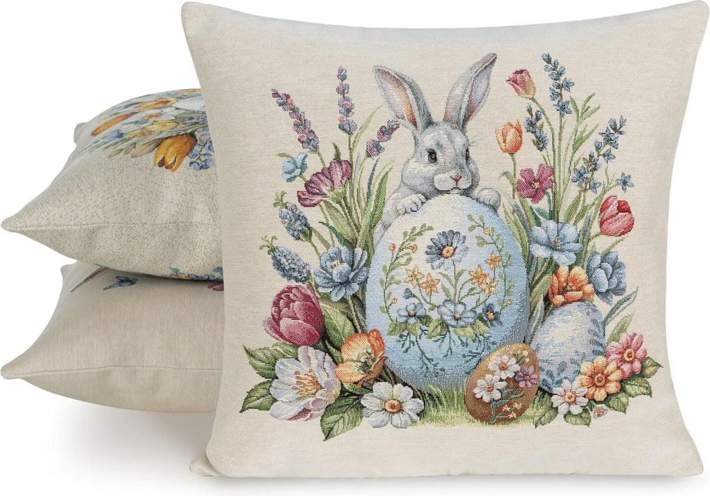 VELIKONOČNÍ GOBELÍNOVÁ DEKORAČNÍ OBLEČKA NA POLŠTÁŘ BUNNY 45X45 CM VZOROVANÁ