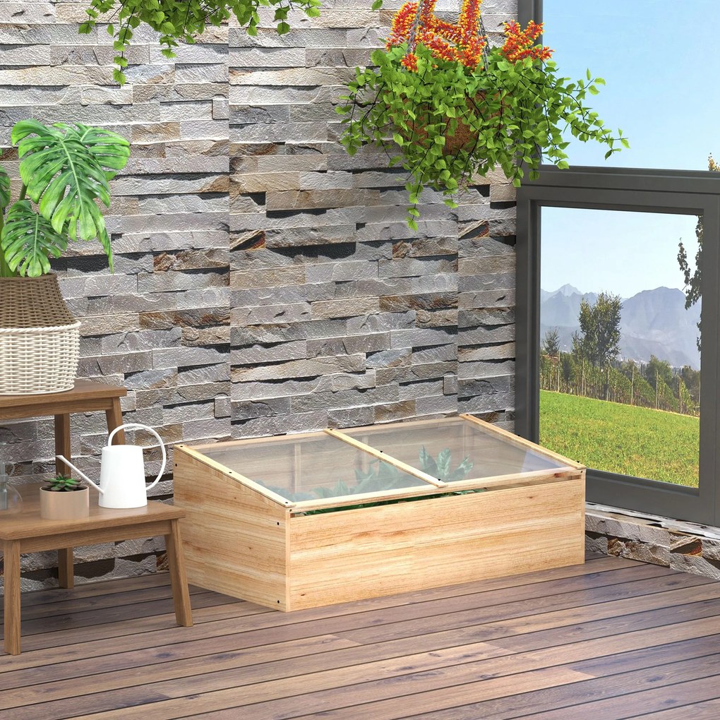 Outsunny skleník dřevěný chladicí rám, skleník a zahradní truhlík, 100x50x35 cm, přírodní, jedle, PC deska