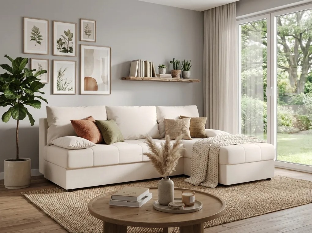 Rozkládací oboustranná sedací souprava do L VENORIA SLIM 200x143 cm, krémová + 2 polštářky ZDARMA