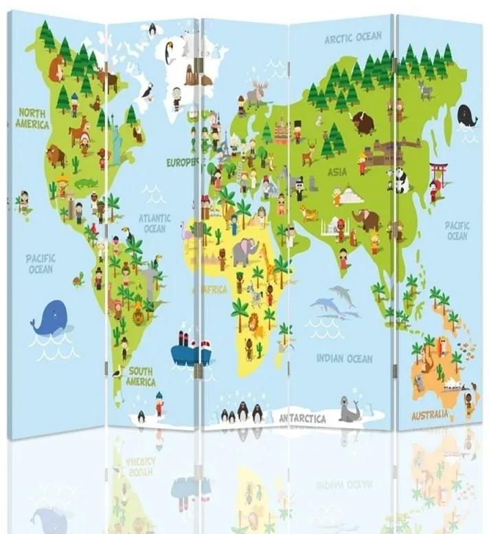 Ozdobný paraván, Mapa světa pro děti - 180x170 cm, pětidílný, klasický paraván