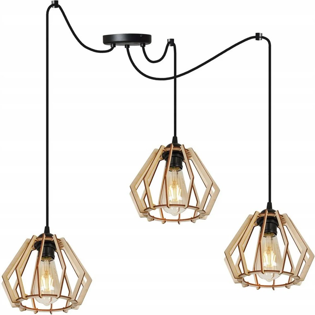 Light for home - Dřevěné závěsné svítidlo "Pavouk" s geometrickými stínidly SPIDER TIMBER 2360/3, 3x60W, E27, Černá