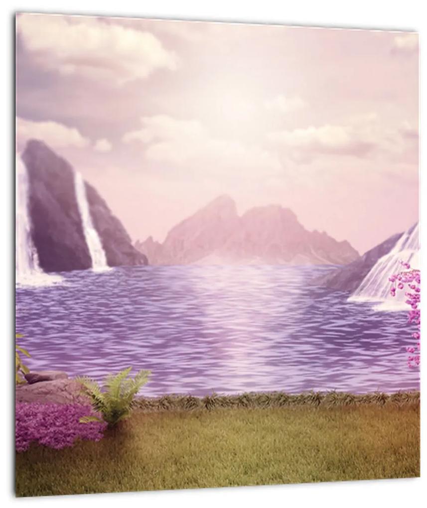 Obraz růžových stromů s jezerem (30x30 cm)