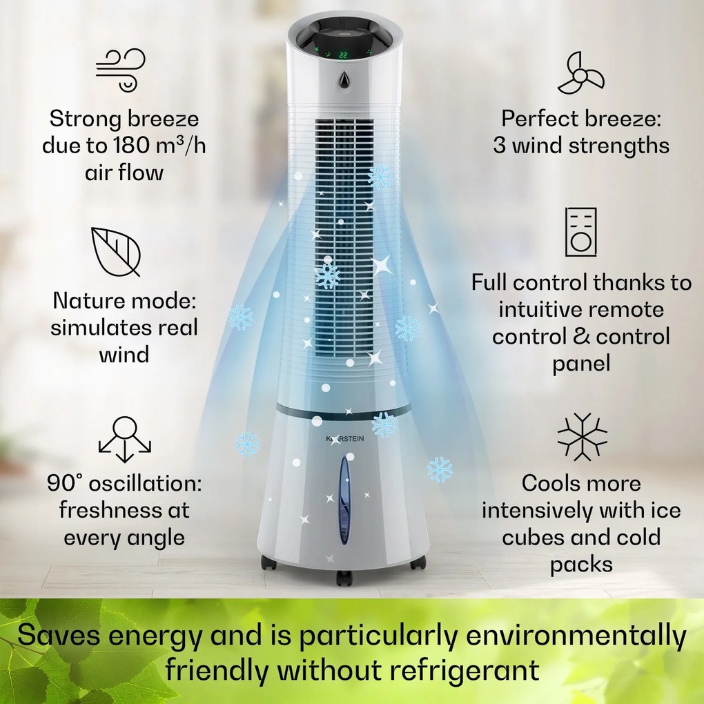 Klarstein Skyscraper Ice 4 v 1, ventilátor, ochlazovač vzduchu, čistička vzduchu, zvlhčovač vzduchu, 210 m³/h, 45 W, oscilace, mobilní, dálkové ovládání