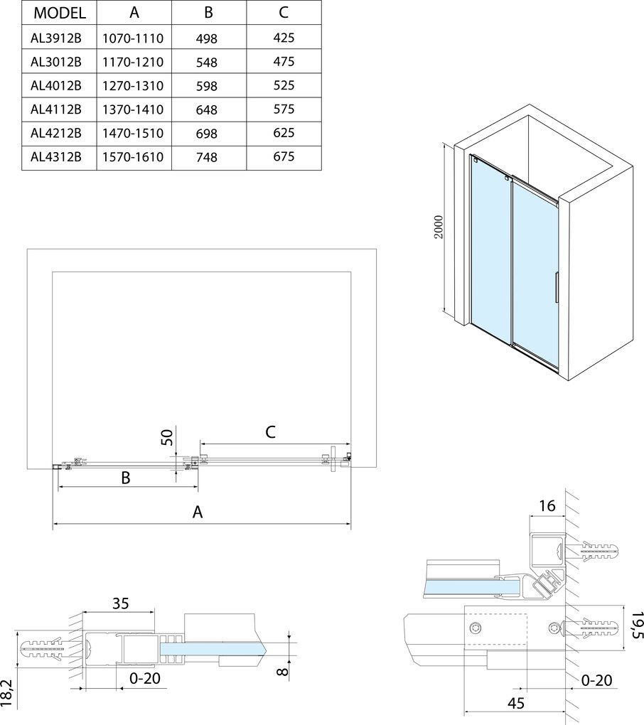 Polysan, ALTIS LINE BLACK sprchové dveře 1170-1210mm, výška 2000mm, sklo 8mm, AL3012B