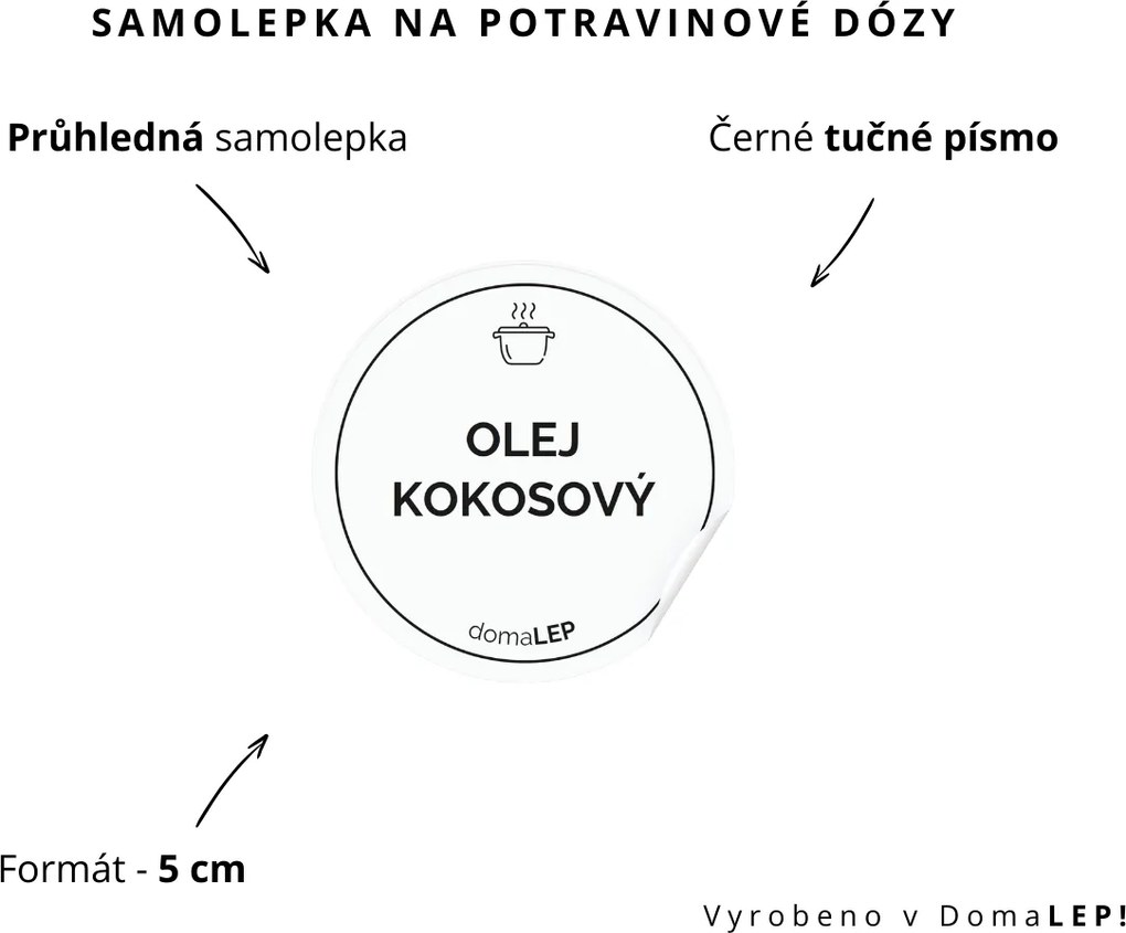 OLEJ KOKOSOVÝ - omyvatelná samolepka na dózu, výběr rozměrů Ø 5 cm / 5 x 5 cm / 6 x 8 cm | DomaLEP tvar: OBDÉLNÍK, barva: PRŮHLEDNÁ - ČERNÉ písmo, velikost: š. 6 cm x v. 8 cm - tučné písmo