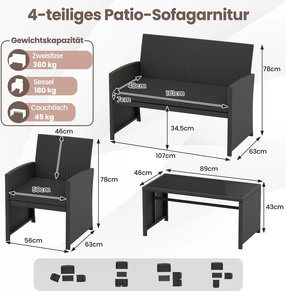 Costway 4-dílný ratanový zahradní nábytek proutěný 2-sedací souprava s tvrzeným