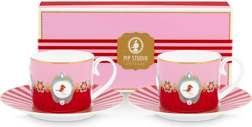 Pip Studio Love Birds sada 2 ks cappuccino šálků s podšálky 225 ml, červeno-růžová (Cappuccino sada v dárkovém balení)