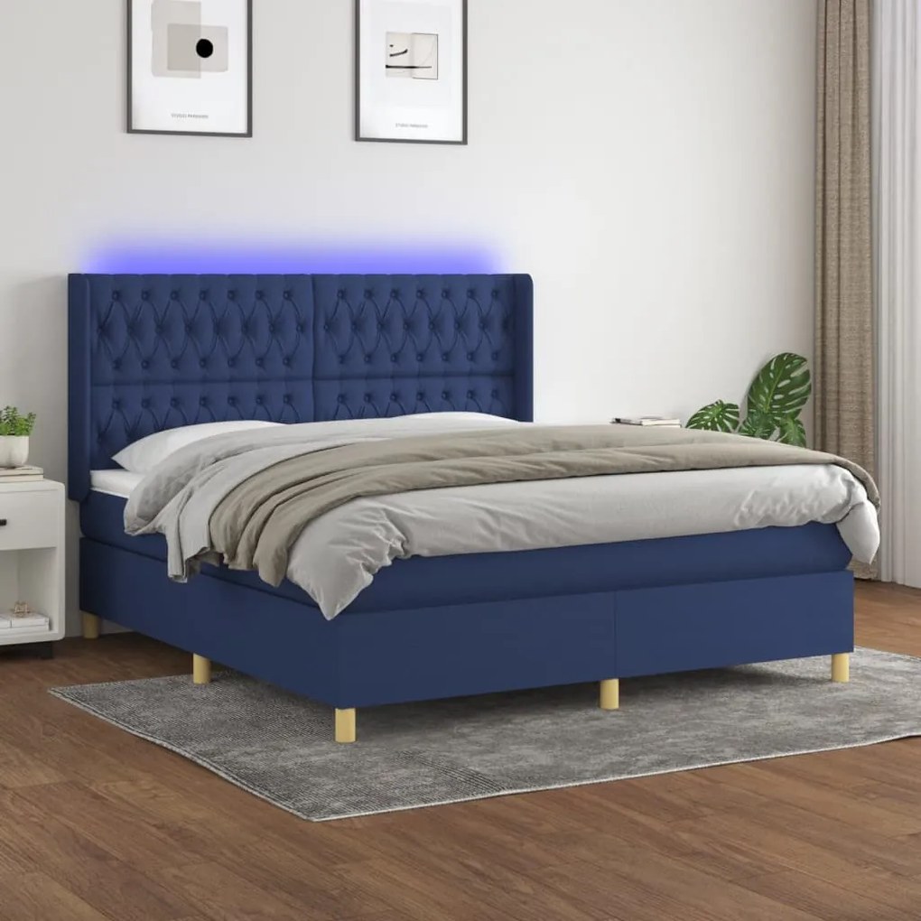Box spring postel s matrací a LED modrá 180x200 cm textil