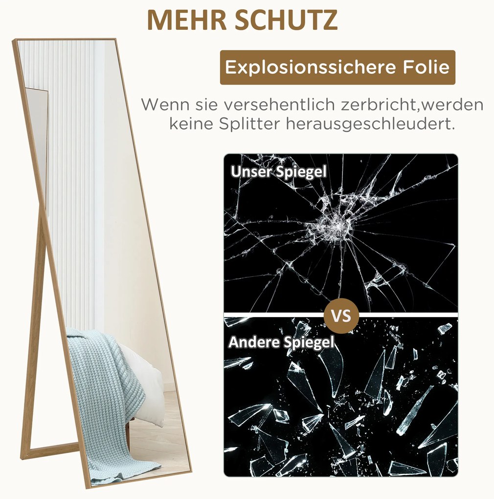 HOMCOM Stojací zrcadlo s dřevěnou strukturou Zrcadlo v plné délce Toaletní zrcadlo Make-up zrcadlo Stříbrná světle hnědá 40 x 35 x 147 cm do ložnice …