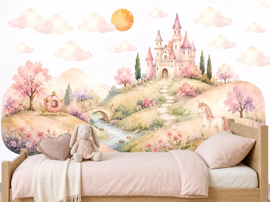 Zámek v kopcích samolepky na zeď pro holky arch 75 x 41 cm