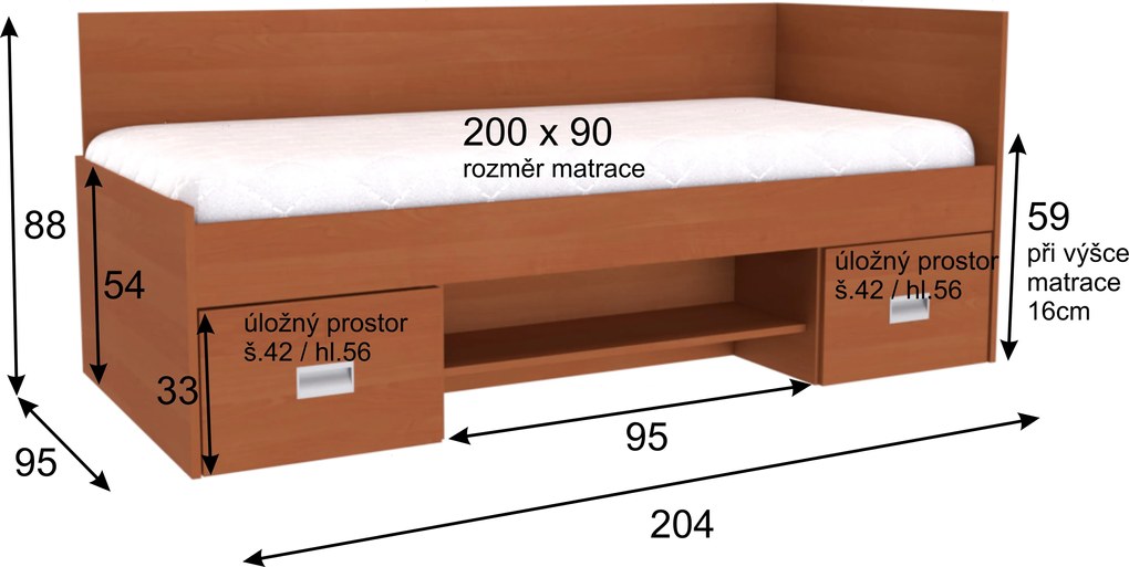 Jednolůžko GALA s úložným prostorem (na výběr více variant)