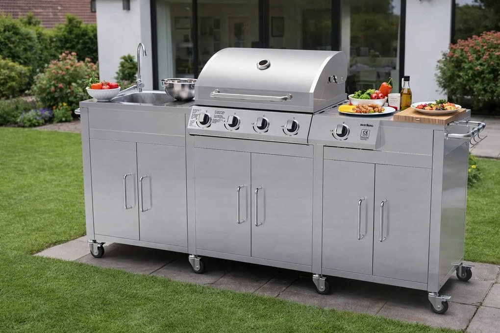Nerezová zahradní BBQ kuchyně s umyvadlem BestBerg BBBQ-29SS / 5 hořáků / 17,2 kW / stříbrná