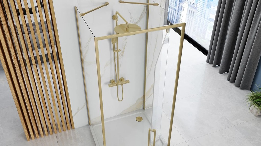 Rea Rapid Swing, 3-stěnový sprchový kout 90(dveře) x 100(stěna) x 195 cm, 6mm čiré sklo, zlatý matný profil, KPL-02522