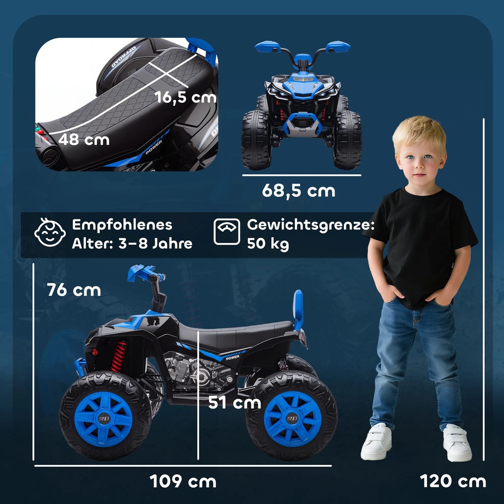 AIYAPLAY Dětský elektro quad, 24V elektrické vozidlo se 4 koly, světlomet, USB port, MP3 funkce, 6,5 km/h, 3-8 let 370-412V90BU