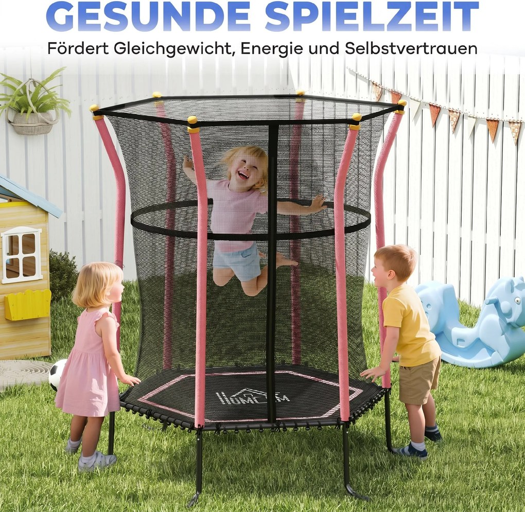 HOMCOM dětská trampolína Ø163,5 cm, trampolína s ochrannou sítí, kryt hran, zahradní trampolína pro děti 3-10 let, max. zatížení 50 kg, růžová barva