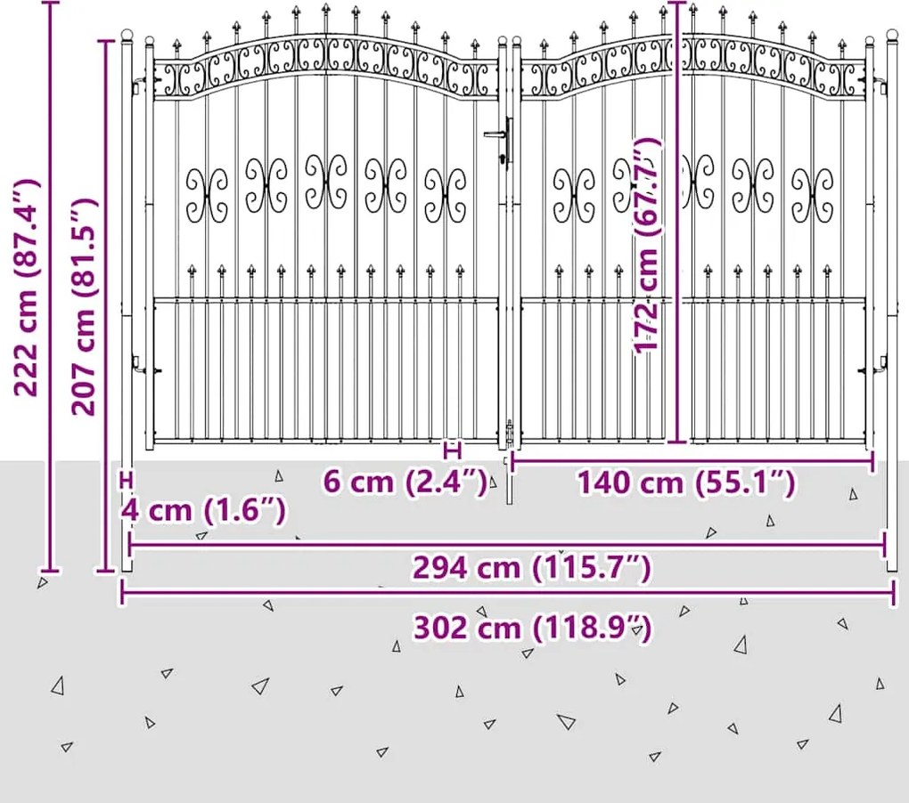 Plotová branka KAMPEN s kopím nahoře černá 302 x 172 cm ocel 151098