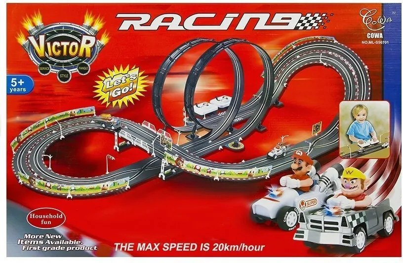 LEAN Toys Autodráha + 2 autíčka Mario RC, 452 cm, 20 km/h