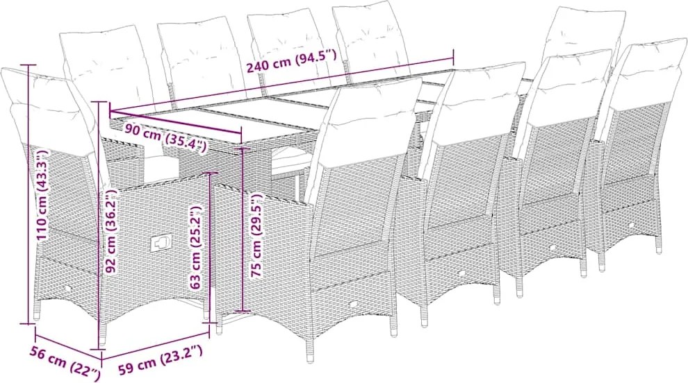 11dílný zahradní bistro set s poduškami šedý polyratan 3277262