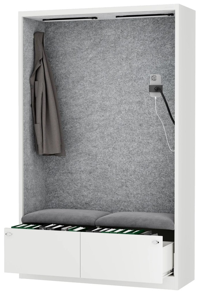 Kancelářská akustická kabina se sedátkem a USB-C portem, korpus bílý / sedák šedá, 1150 mm: SALLY MentalBox