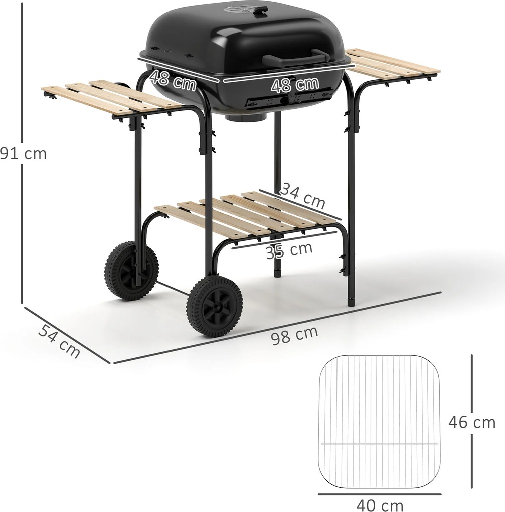 Ocelový gril na dřevěné uhlí Grilovací vozík s uzamykatelným víkem Gril na kolečkách Rukojeť Stojan na dřevo 98 x 54 x 91 cm Černá barva