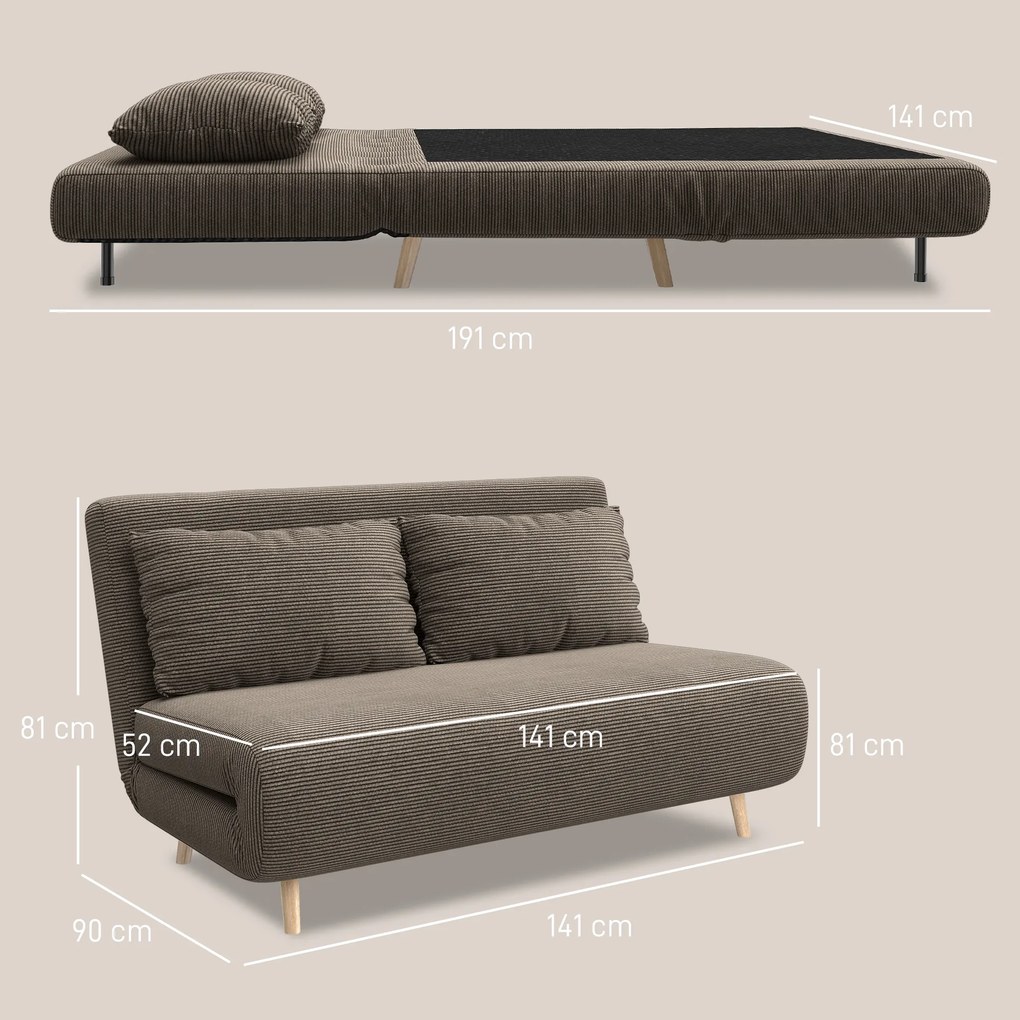 HOMCOM Rozkládací pohovka, přistýlka pro hosty, 3stupňově nastavitelná opěrka zad, kordová úprava, do 120 kg, 141 x 90 x 81 cm, tmavě hnědá
