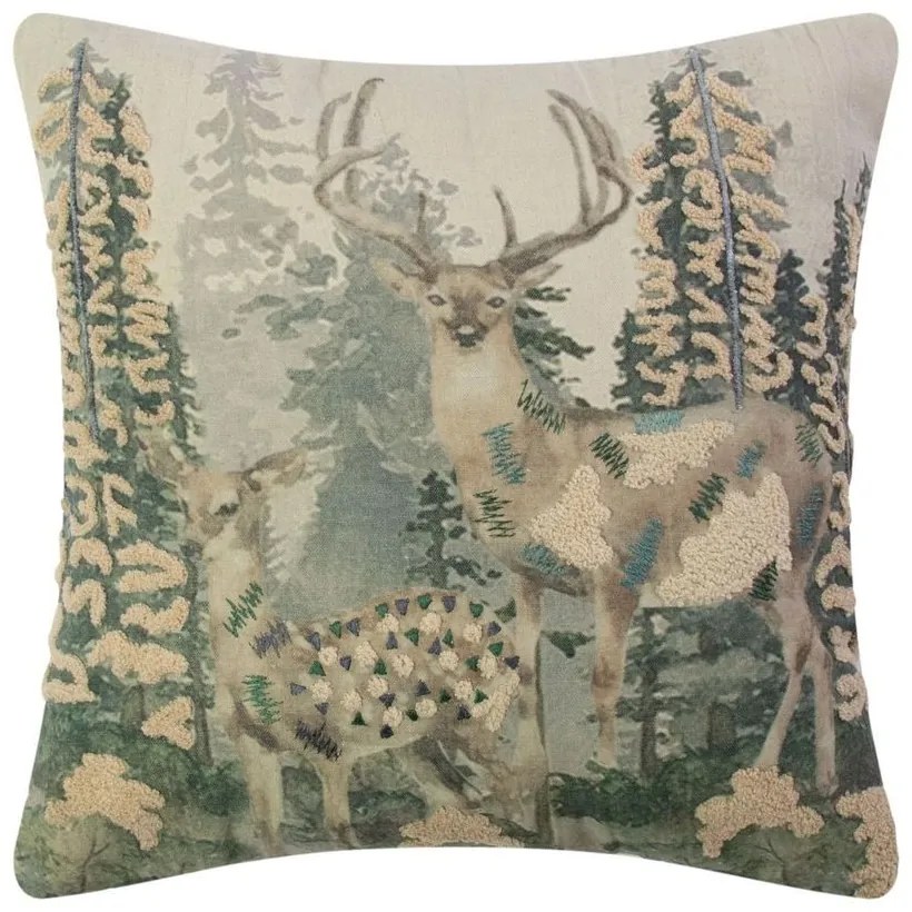 Béžový plátěný polštář jelen s vyšitými aplikacemi Deer Forest - 45*45 cm