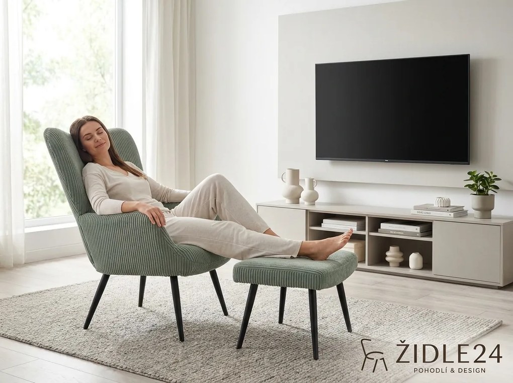 Relaxační křeslo ušák s podnožkou ARIA - zelený manšestr