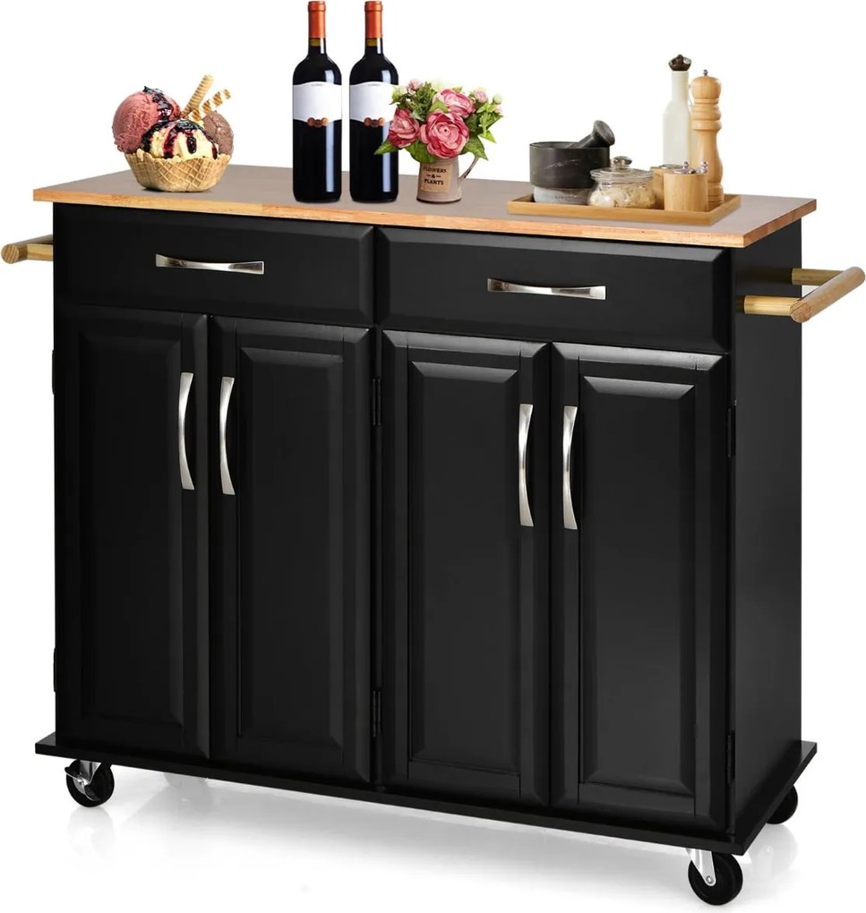 Costway Rolling Kitchen Island vozík s kaučukovou pracovní deskou 4 – černý