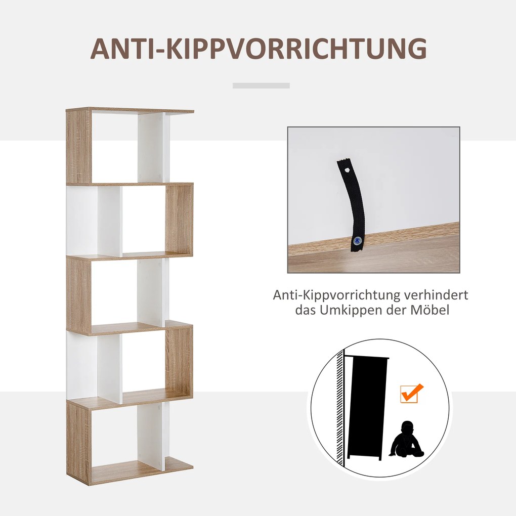 HOMCOM 5-patrová knihovna Dřevěný regál S-tvarovaný Moderní design pro obývací pokoj a kancelář 60x24x184,5 cm Bílá a dřevo