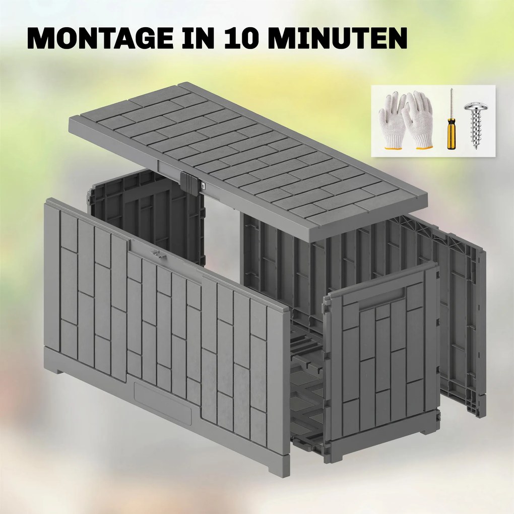 Zahradní box 379 litrů Vodotěsný uzamykatelný box odolný proti UV záření Dřevěný box na zahradní polštáře 122,5x56x62cm Šedý