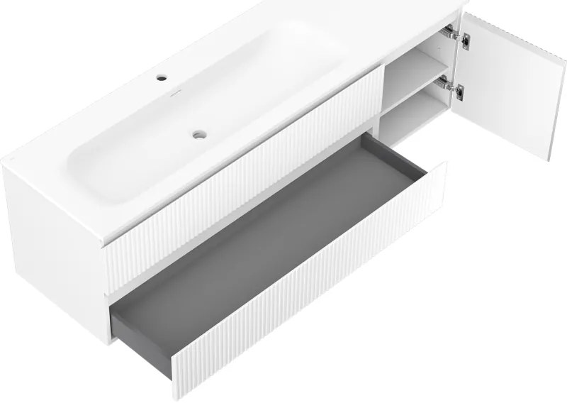 Mexen Rivel, koupelnová skříňka 160 cm s levým umyvadlem Vela, 2S, 1D, drážkovaná, bílá matná, 91A23-16047-3-BBFFF01-W23L01