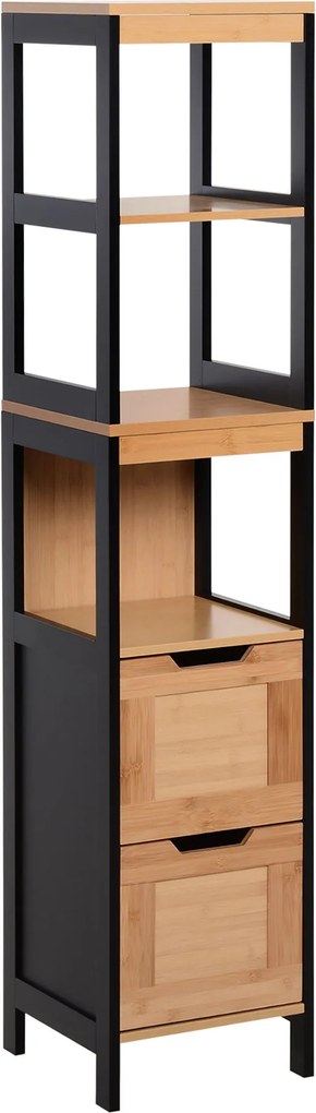Kleankin Koupelnový Sloupkový Skříň S 3 Policemi A 2 Zásuvkami Moderní Styl 30x30x144,3 cm Černá a Přírodní | Aosom