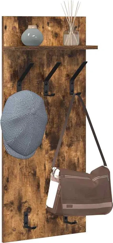 věšák, nástěnný, 1 prkno, polička, háčky, kompozitní dřevo, 90x40x10 cm, kouřový dub, Dekorino TK20260010