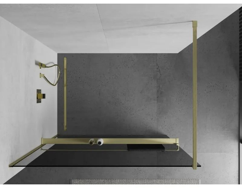Mexen Kioto+, sprchová zástěna Walk-In s poličkou a věšákem 120 x 200 cm, 8mm šedé sklo, zlatý matný profil, 800-120-121-55-40