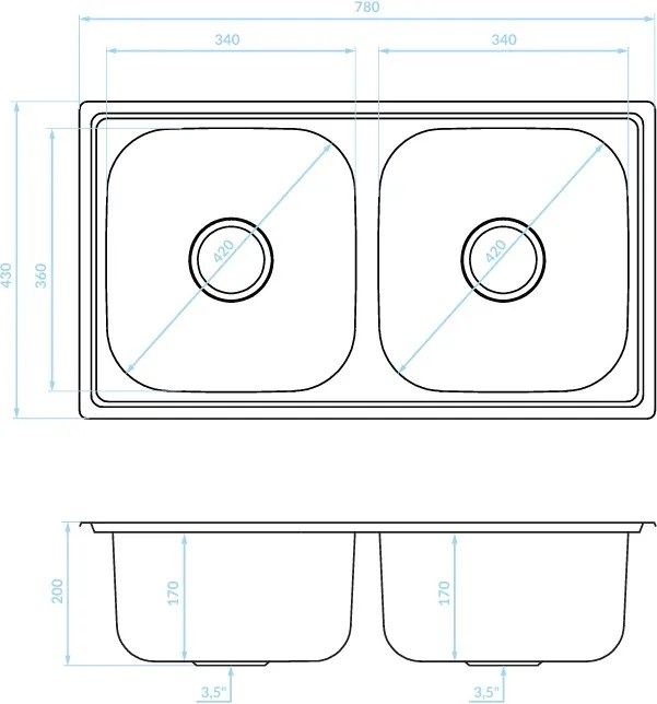 Kuchinox STANDARD, 2-komorový ocelový kuchyňský dřez 780x430x170 mm, SKS_020T