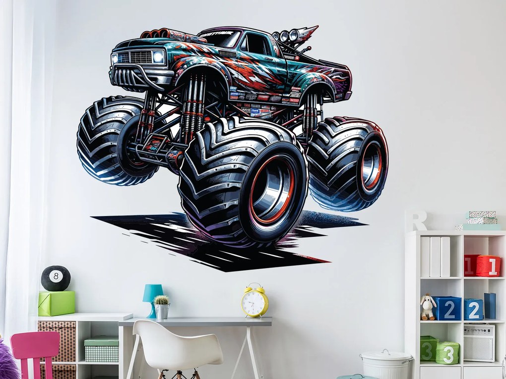Monster truck 02 textilní přelepitelná samolepka na zeď arch 75 x 59 cm
