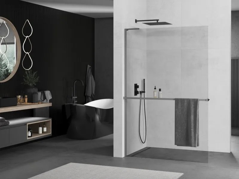 Mexen Kioto+ L, sprchová zástěna Walk-In s poličkou a věšákem 90 x 200 cm, 8mm čiré sklo, grafitový profil, 800-090-123-95-00