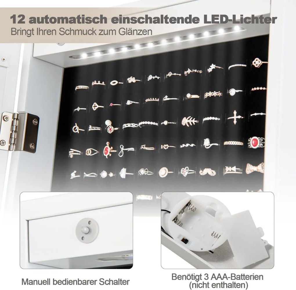 Costway Stojací zrcadlo 2 v 1 šperkovnice s 12 LED Uzamykatelná zrcadlová