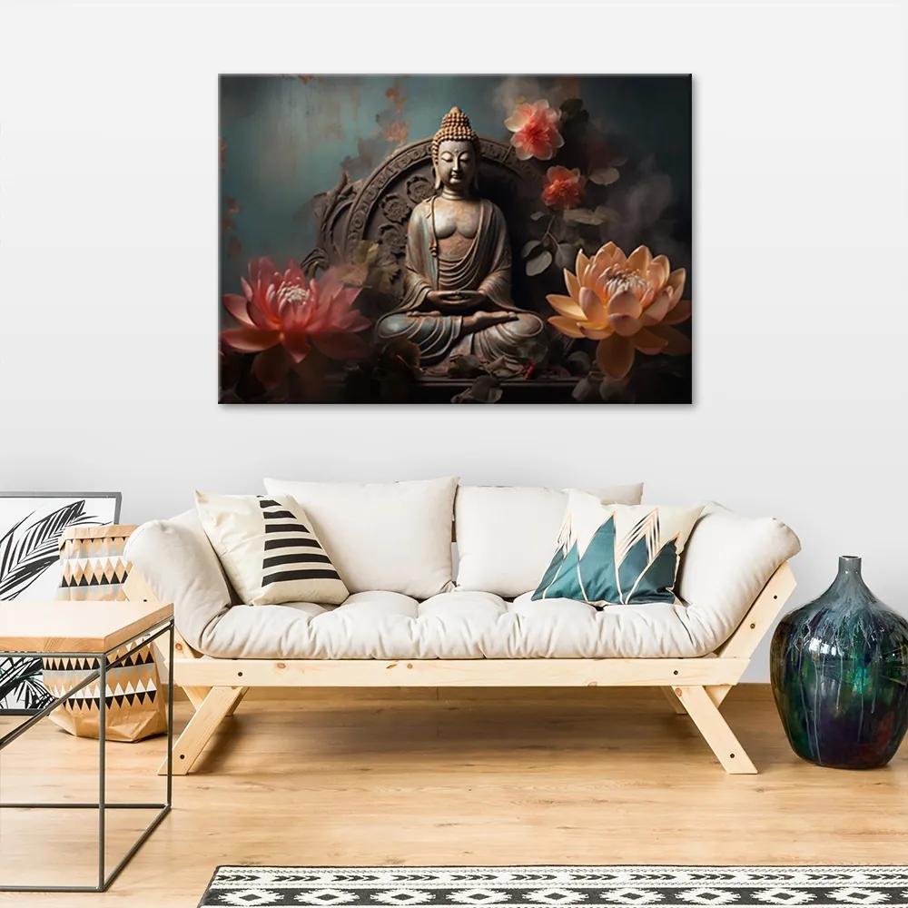 Obraz na plátně, buddha lotosový květ socha zen - 120x80 cm