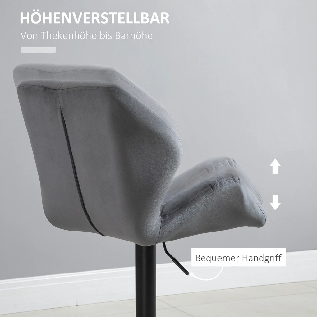 HOMCOM Barová židle 2ks set, čalouněný barový stolek s kovovou konstrukcí, opěradlo, sametový vzhled, výškově nastavitelný, 360° otočný