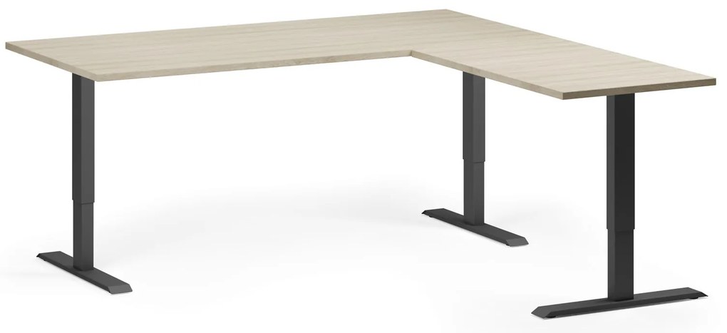 Rohový výškově nastavitelný stůl, 180x180 cm, 3 motory, L/P, černá podnož, dub přírodní